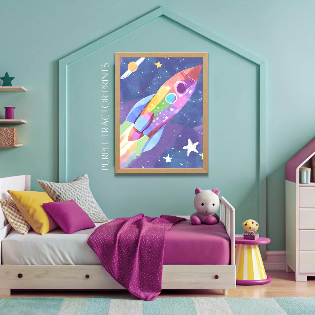 Rainbow Rocket Ship Blasting off Into Space 2 Matte Poster Print Outer ...