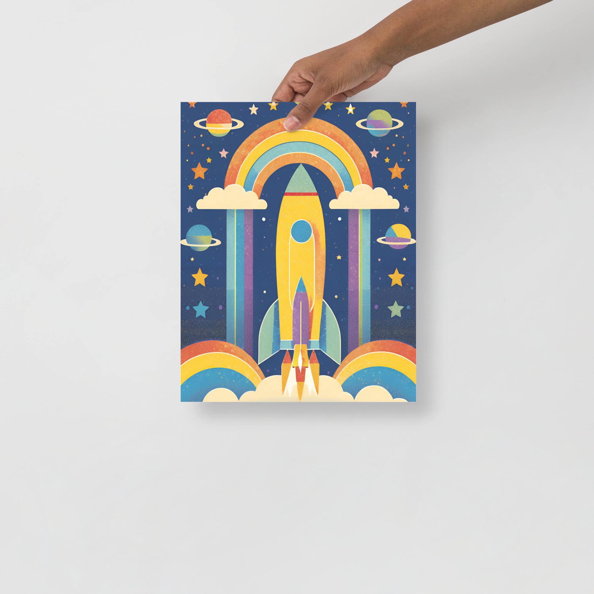 Retro Rainbow Rocket Ship Poster 4 Mid-century Modern Matte Print ...