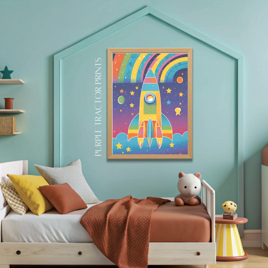 Retro Rainbow Rocket Ship Poster 1 Mid-century Modern Matte Print ...