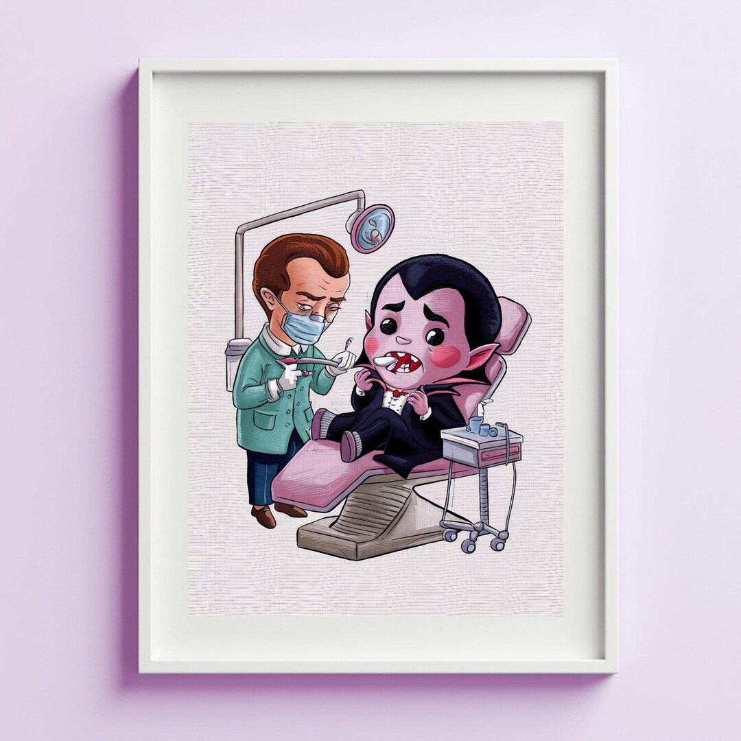 Vampire Dentist Funny Wall Art Print, Cartoon Vampire Dental Visit ...
