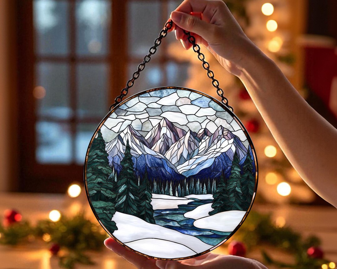 Winter River Forest Suncatcher, Stained Glass Look Snowy Landscape ...