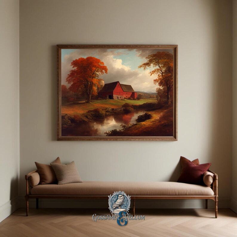 Autumn Farm Scene Digital Print, Fall Barn Painting, Vintage Style ...