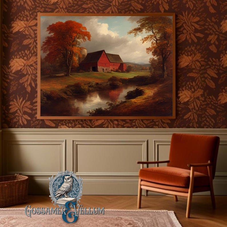 Autumn Farm Scene Digital Print, Fall Barn Painting, Vintage Style ...