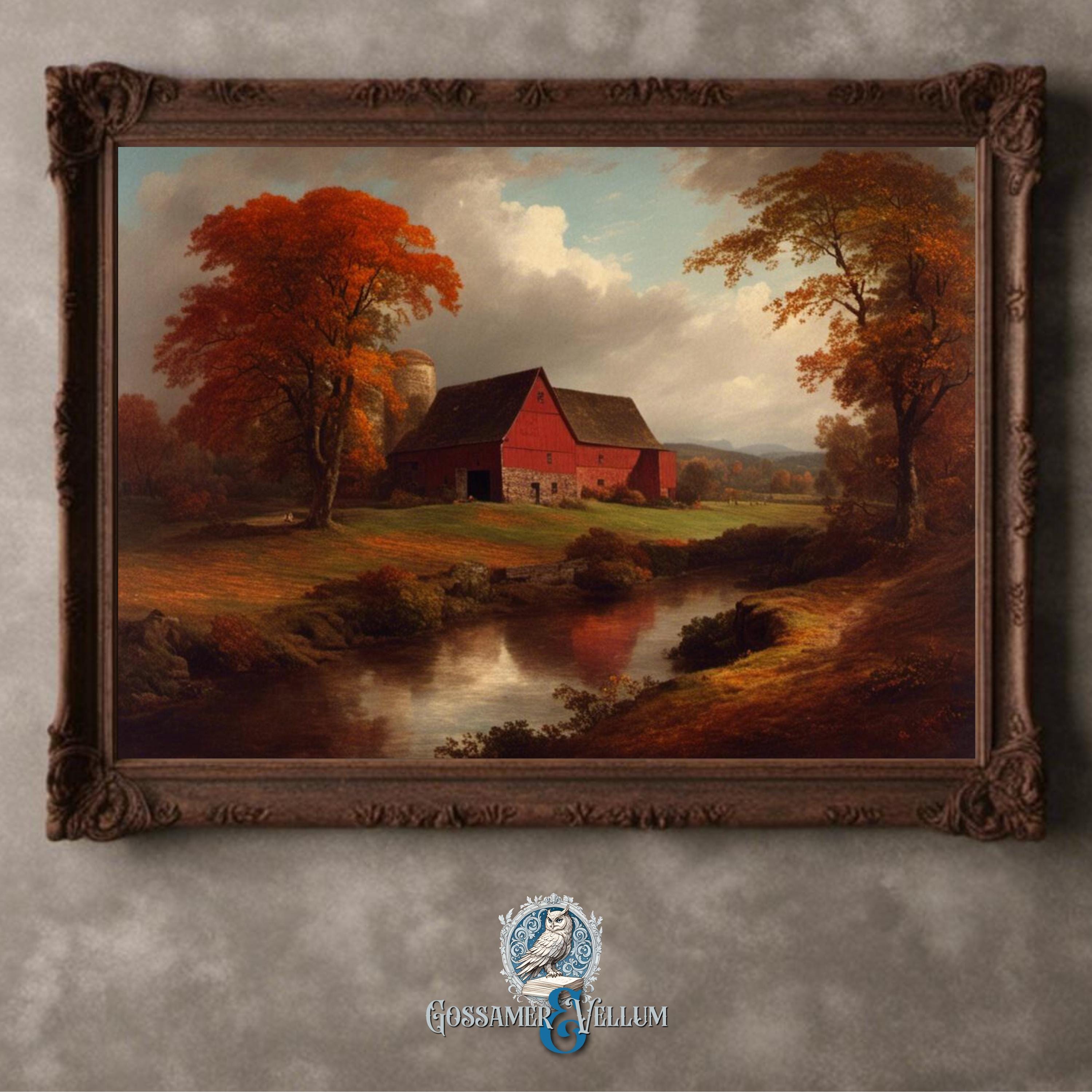 Autumn Farm Scene Digital Print, Fall Barn Painting, Vintage Style ...