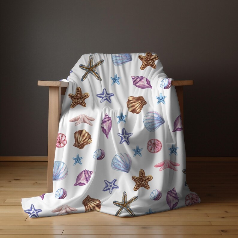 Seashell Velveteen Plush Blanket, Ocean Theme Throw, Coastal Style ...