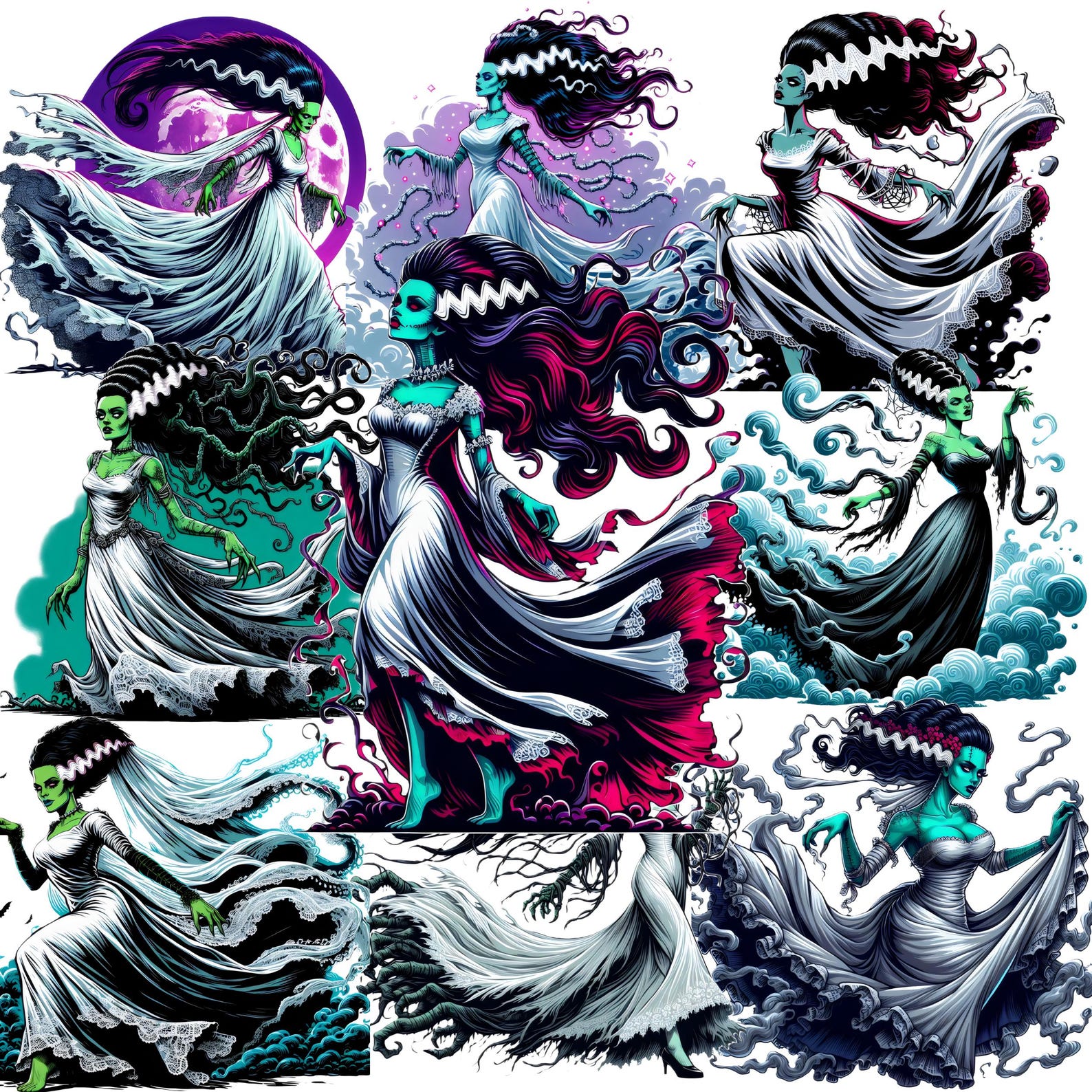 Halloween Bride of Frankenstein Clipart PNG - High-quality Creepy ...