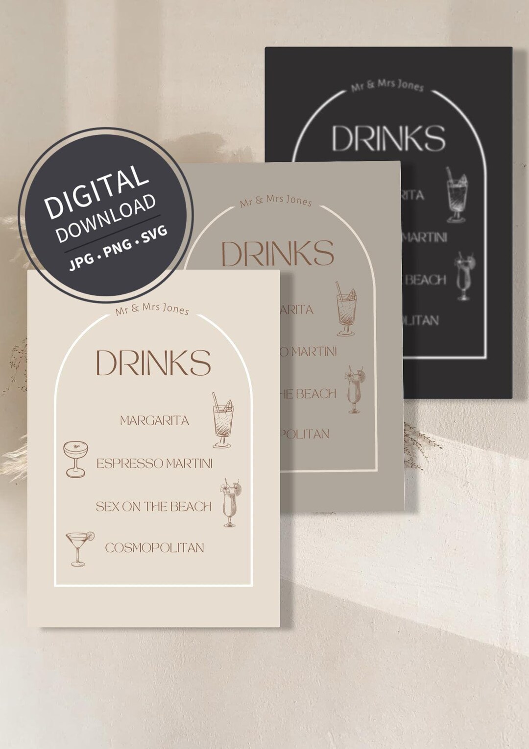 Modern Arch Beige and Black Cocktail Drinks Menu - Editable Digital ...