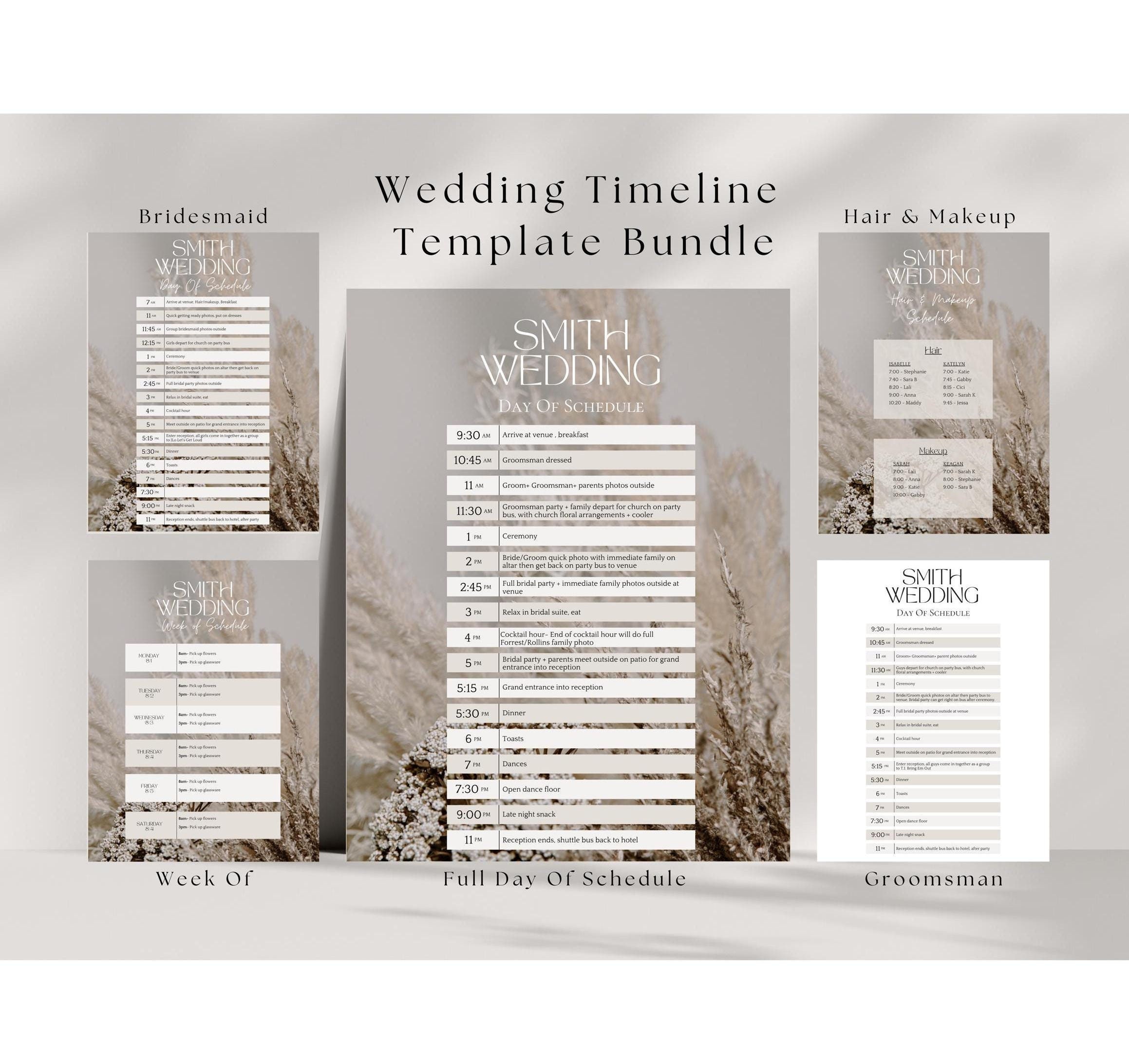 Printable Wedding Timeline Template Bundle for Bride, Groom, Bridal ...