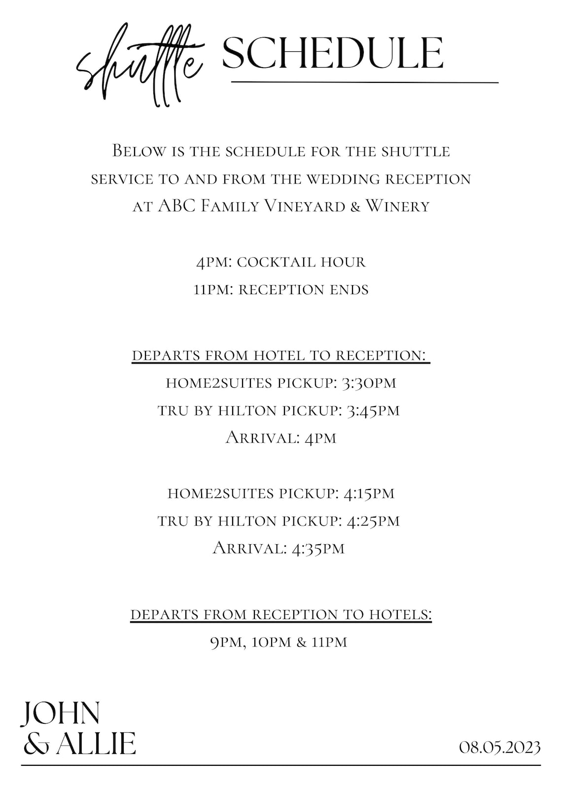 Printable Wedding Shuttle Card for Guest Hotel Pick up Drop off ...