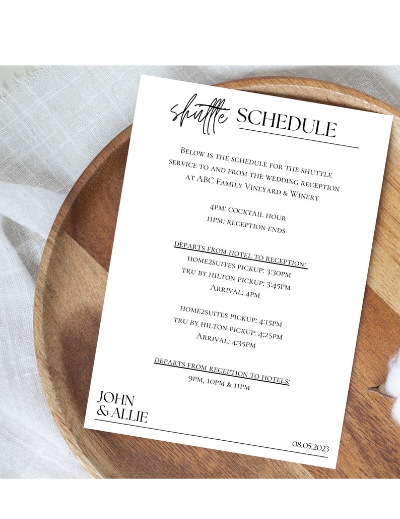 Printable Wedding Shuttle Card for Guest Hotel Pick up Drop off ...