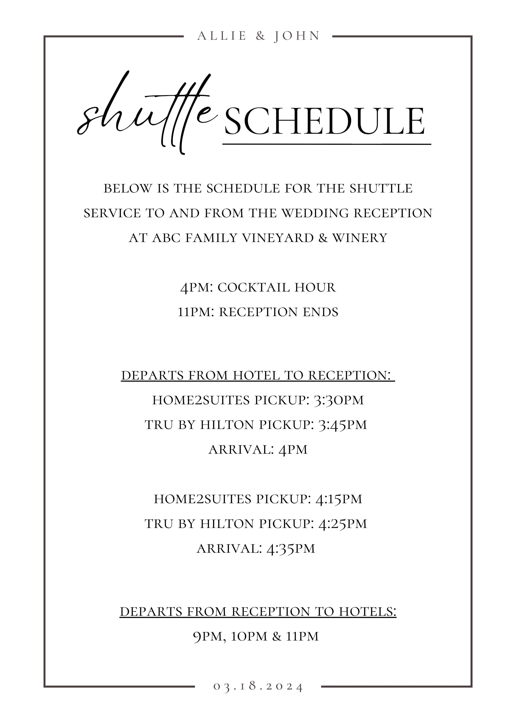 Printable Wedding Shuttle Schedule Card for Guest Hotel Pick up Drop ...