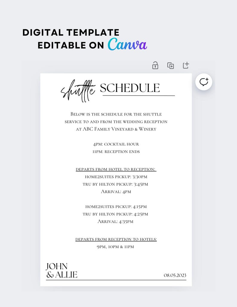 Printable Wedding Shuttle Card for Guest Hotel Pick up Drop off ...