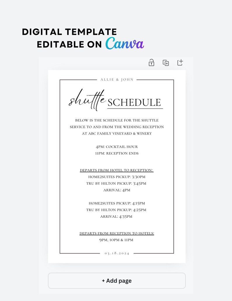 Printable Wedding Shuttle Schedule Card for Guest Hotel Pick up Drop ...