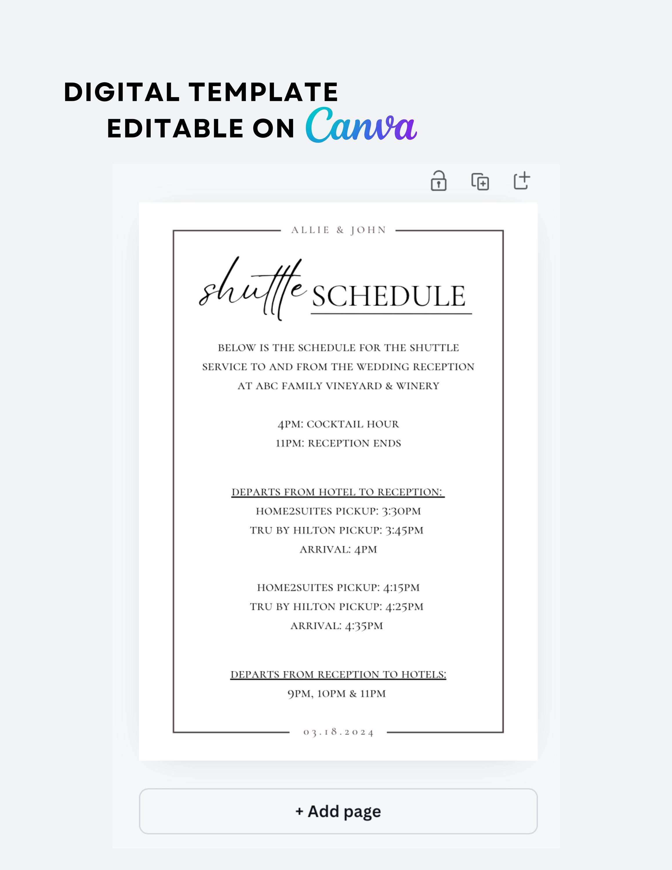 Printable Wedding Shuttle Schedule Card for Guest Hotel Pick up Drop ...