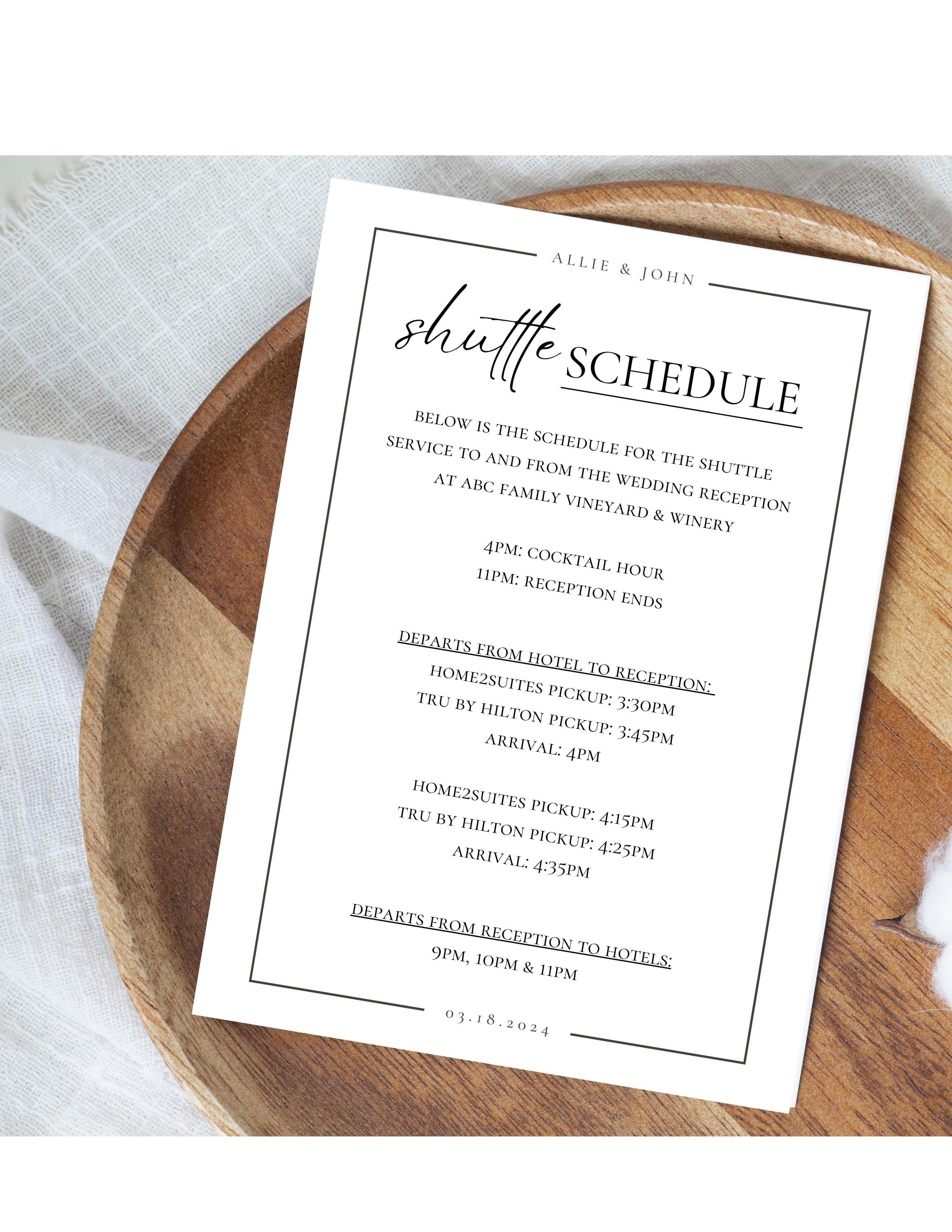 Printable Wedding Shuttle Schedule Card for Guest Hotel Pick up Drop ...