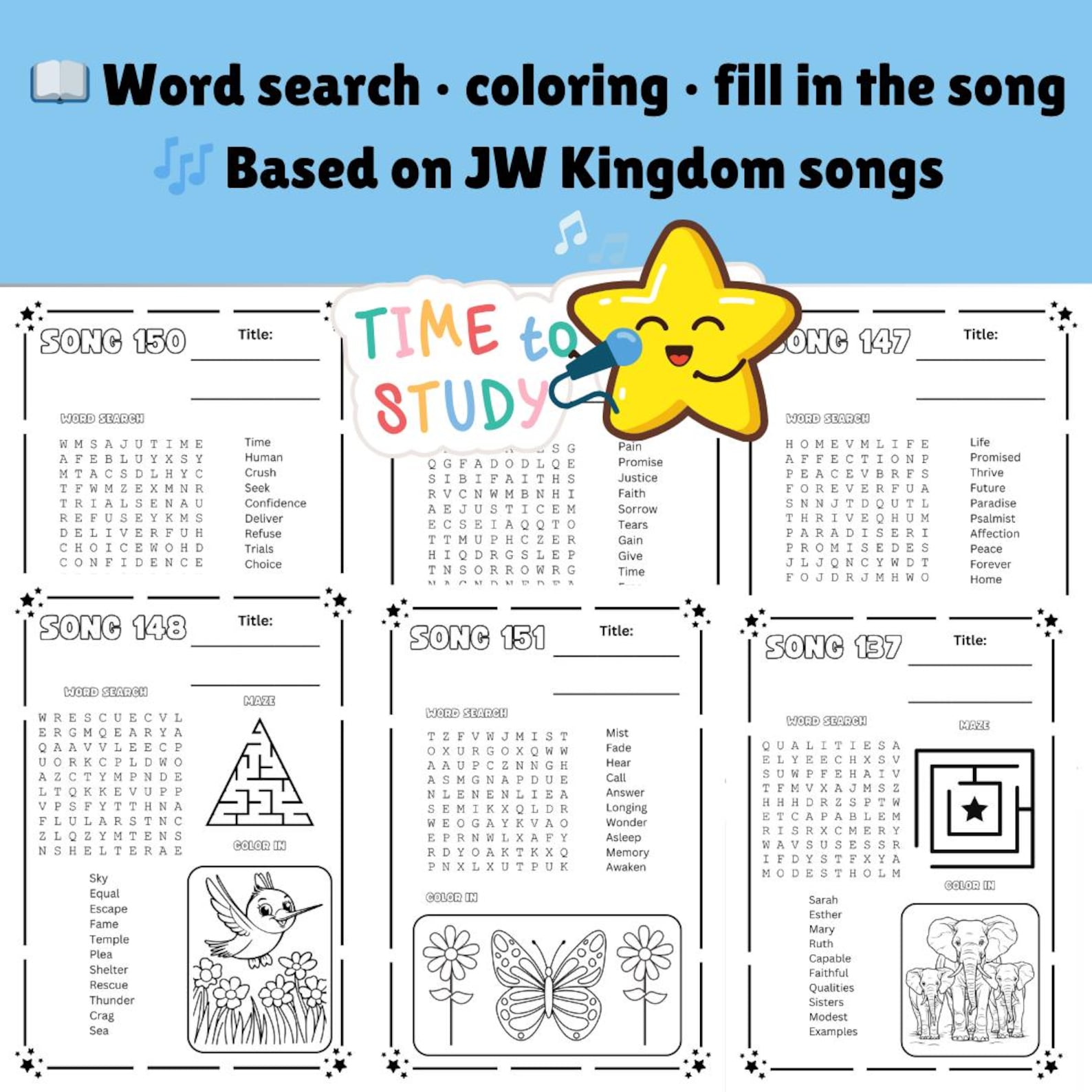 Kids Song Activity Worksheets: 158 Word Search Puzzles & Coloring Pages ...