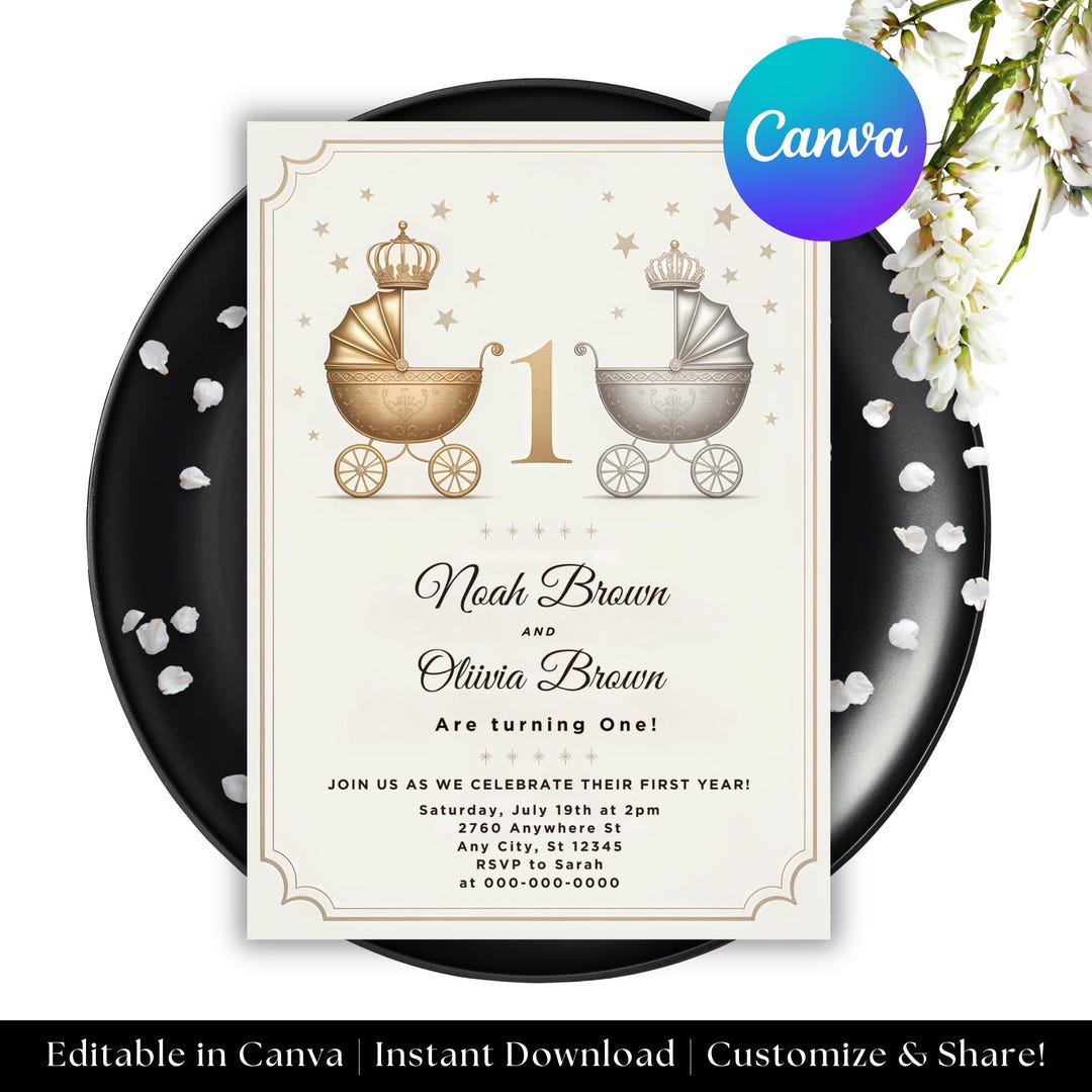 Editable Twins 1st Birthday Invitation Card, Party Invitation for Twins ...