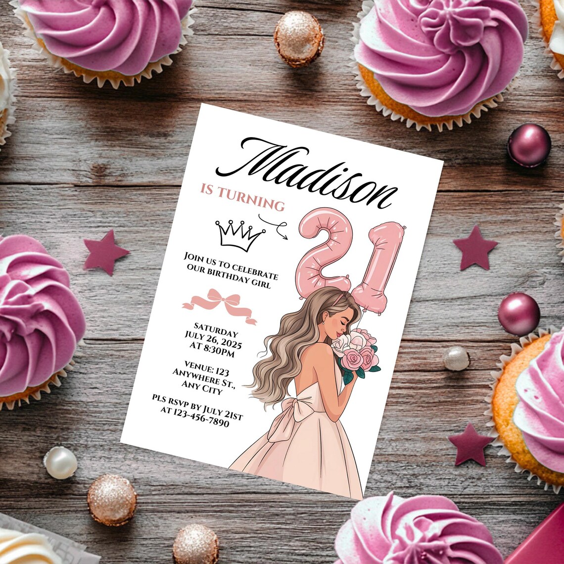 Editable 21st Birthday Invitation Card Template, Coquette Birthday ...