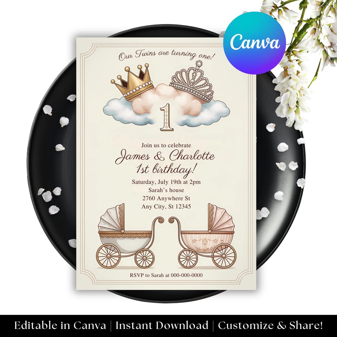 Editable Twins 1st Birthday Invitation Card, Party Invitation for Twins ...