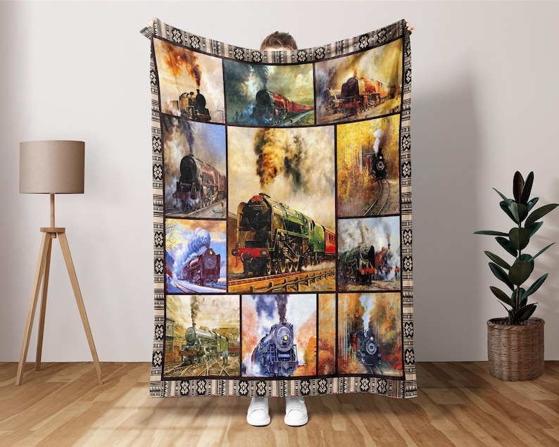 Steam Locomotive Blanket, Vintage Train Fleece Blanket, Retro Train ...