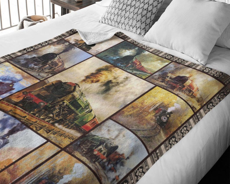 Steam Locomotive Blanket, Vintage Train Fleece Blanket, Retro Train ...