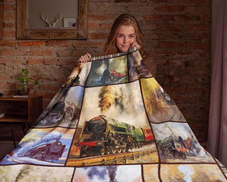Steam Locomotive Blanket, Vintage Train Fleece Blanket, Retro Train ...