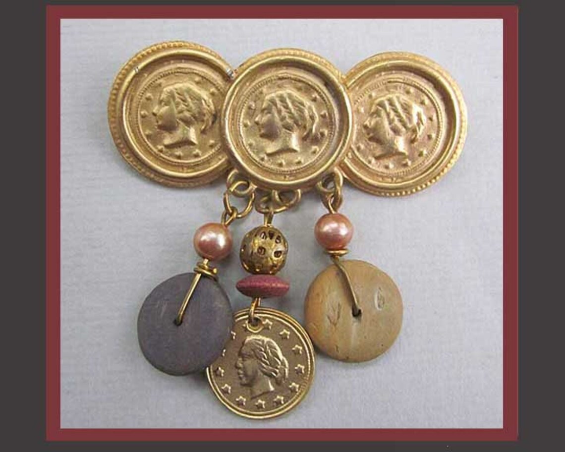 ROMAN Coin Brooch, Classical Style Gilded Faces Medal, Faux Ancient ...