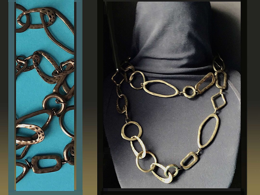Long BRUT, Very Long Textured Brass Chain Necklace, Large Varied Links ...