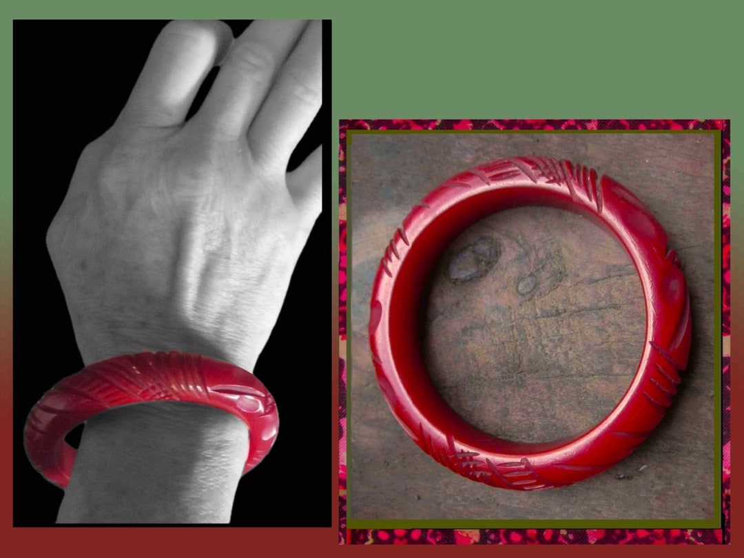Cherry Red ART DEC0 Catalin Plastic Bangle, Deeply Carved Bakelite ...