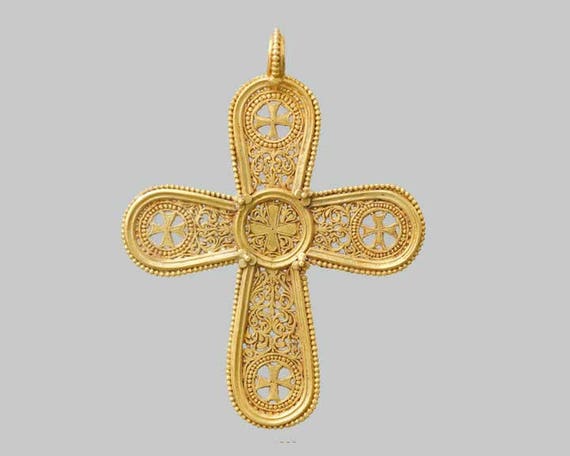 GILDED, Museum Reproduction Byzantine Cross Pendant o… - Gem