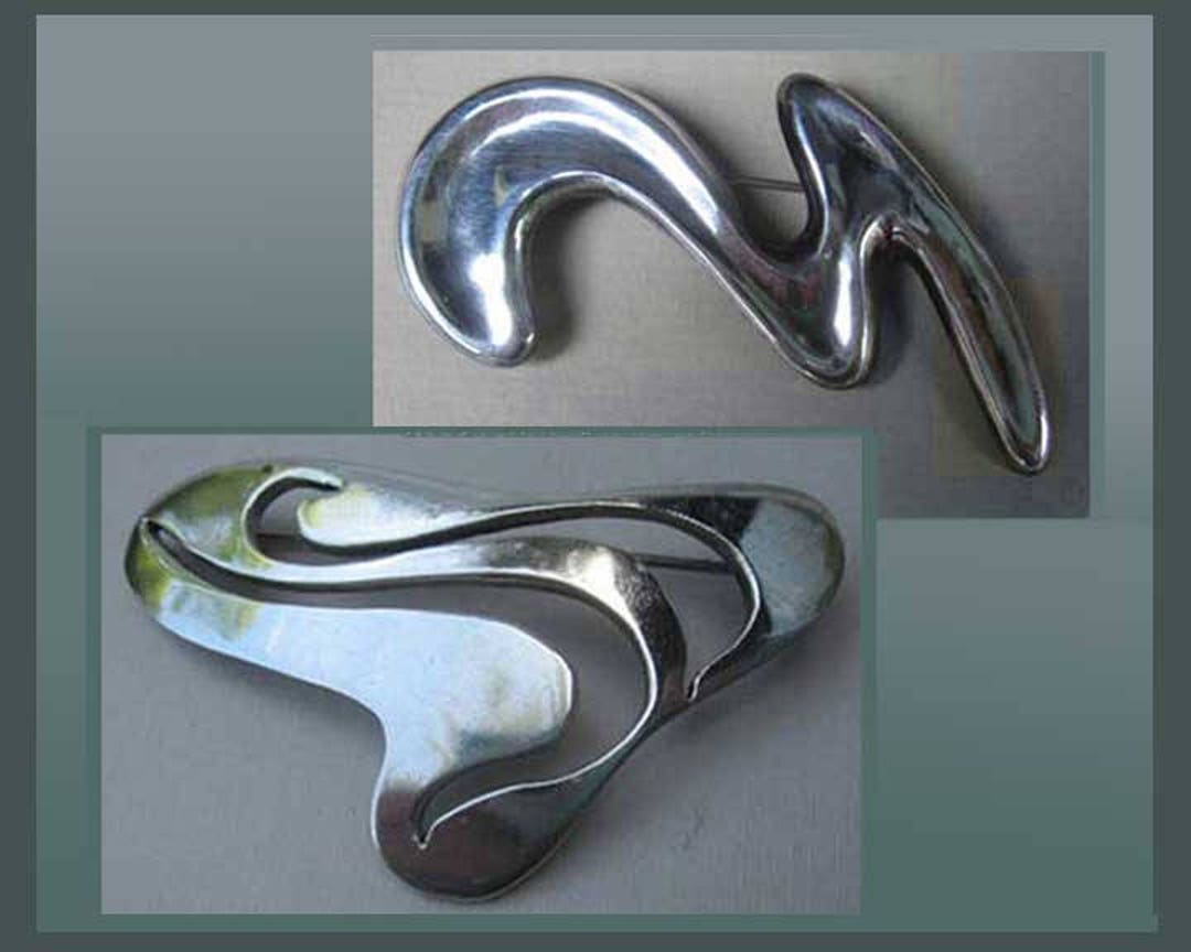 SWOOP and SWERVE, Two Modernist Sterling Silver Brooches, Biomorphic ...