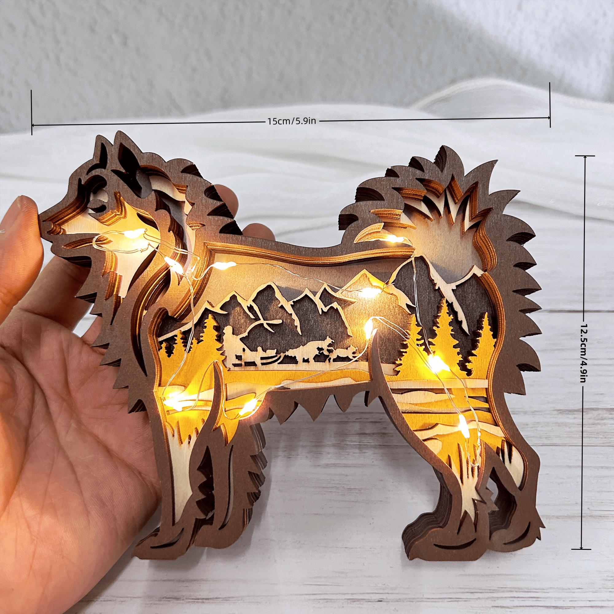 3D Wooden Carved Alaskan Malamute Dog Ornament With Lights,wooden Dogs ...