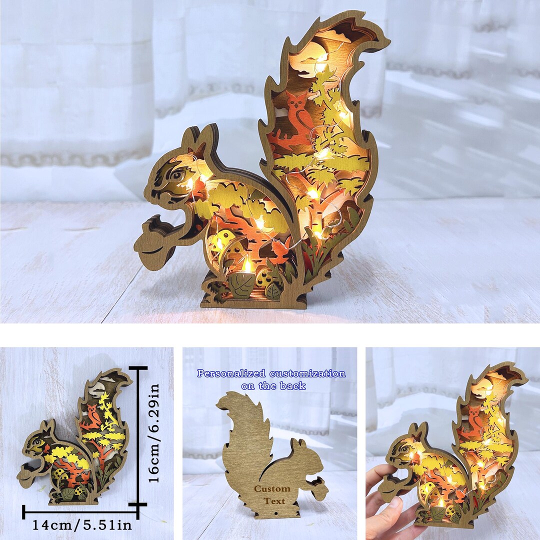 Personalized Wooden 3D Wooden Squirrel Décor With Lights,custom Carved ...