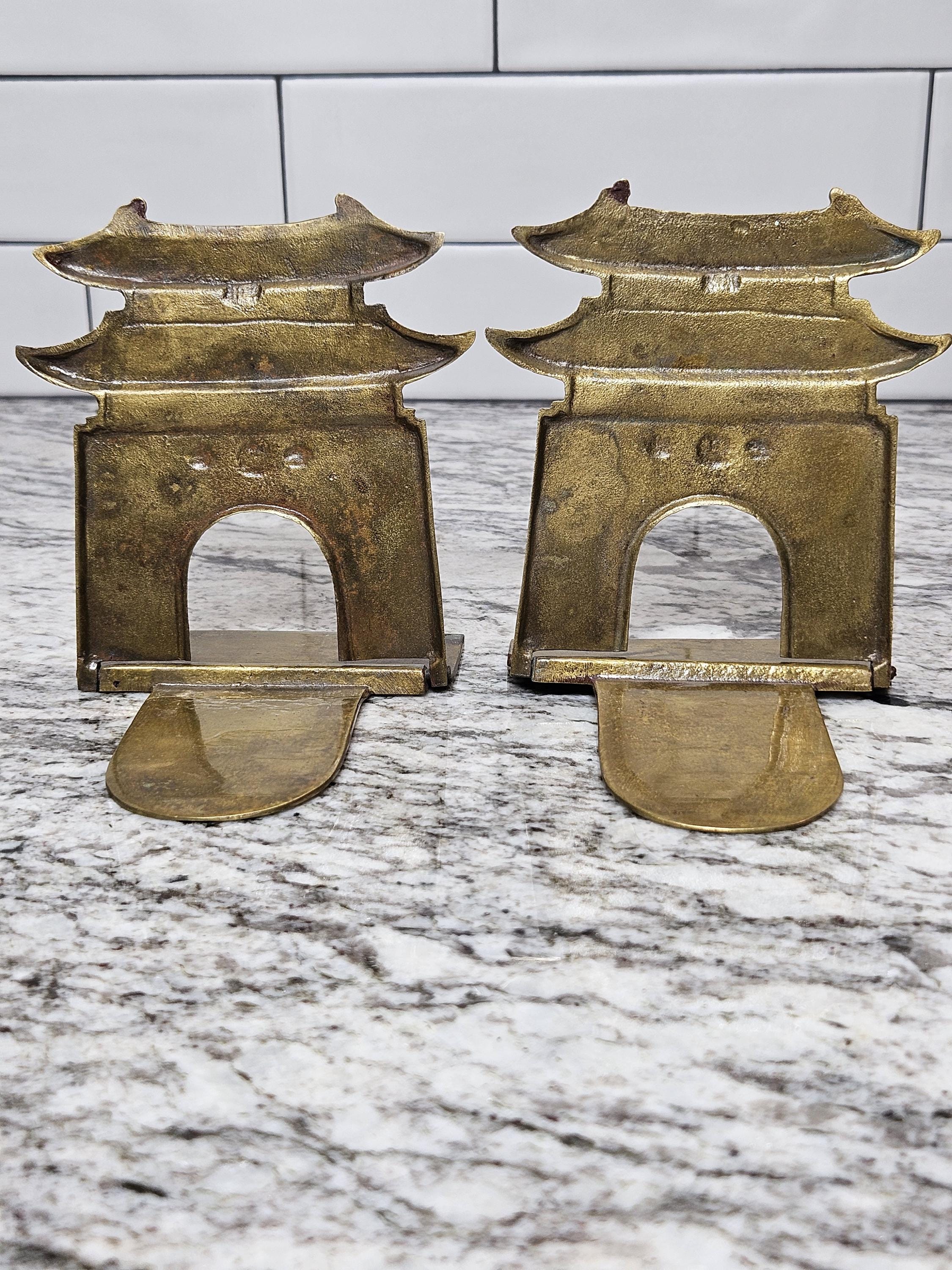 Vintage South Korean Brass Pagoda Gate Fold-flat Bookends, Vintage ...