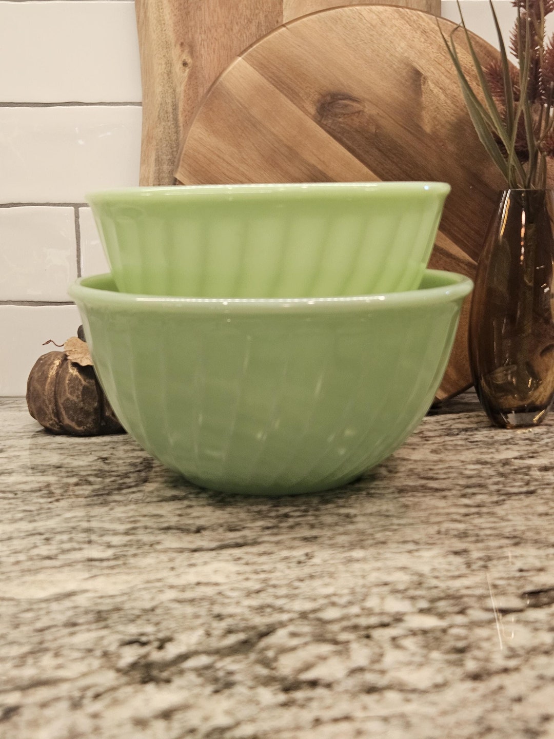 2 Vintage Fire King Jadeite Swirl Bowls, 8" and 9" Green Jadeite ...