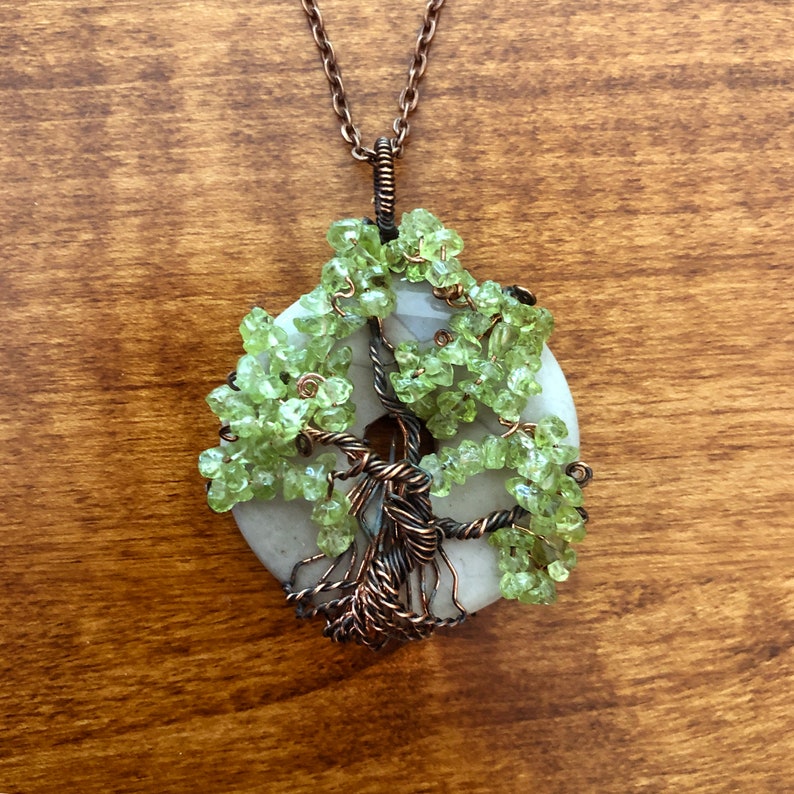 Natural Peridot Gemstone Tree of Life Wire Wrapped Pendant Green Copper ...