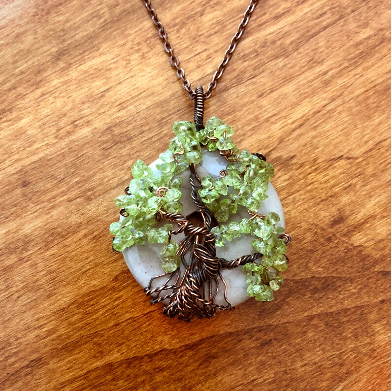 Natural Peridot Gemstone Tree of Life Wire Wrapped Pendant Green Copper ...