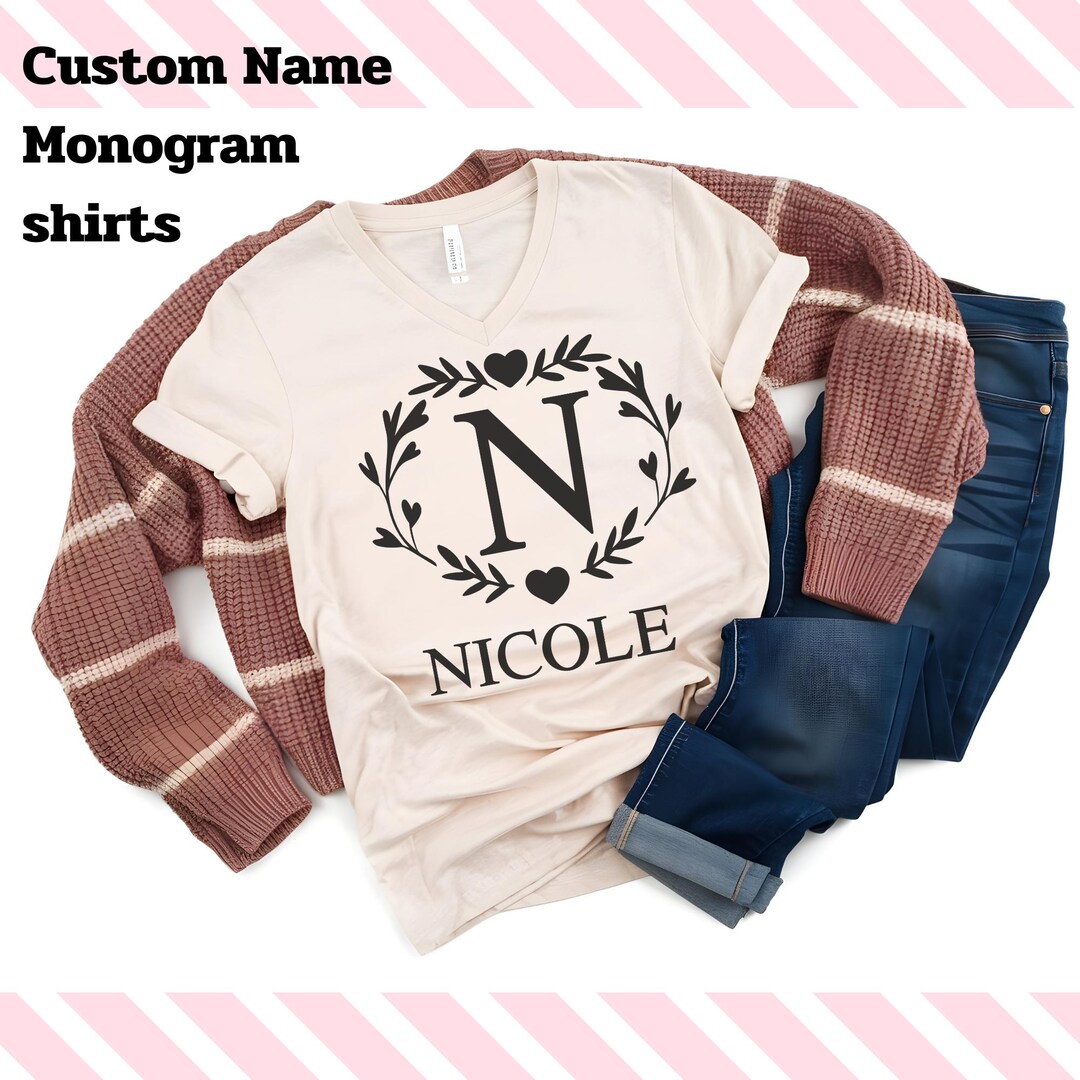 Custom Monogram Name Shirts for Women, Short Sleeve V-neck Tee, Custom ...