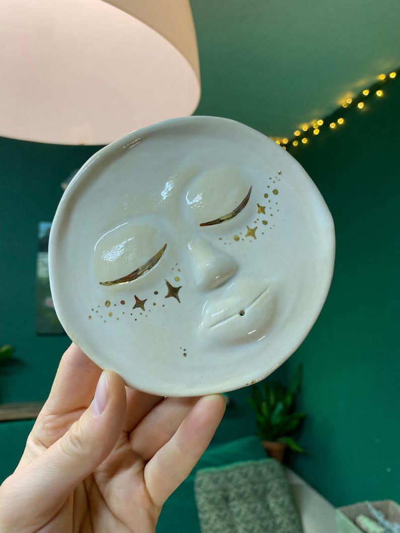 Handmade Ceramic Incense Holder – Moon Face With Gold Accents - Etsy