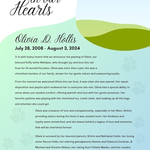 Pet Obituary | Pet Loss Sympathy | Dog Memorial Editable | Instant ...