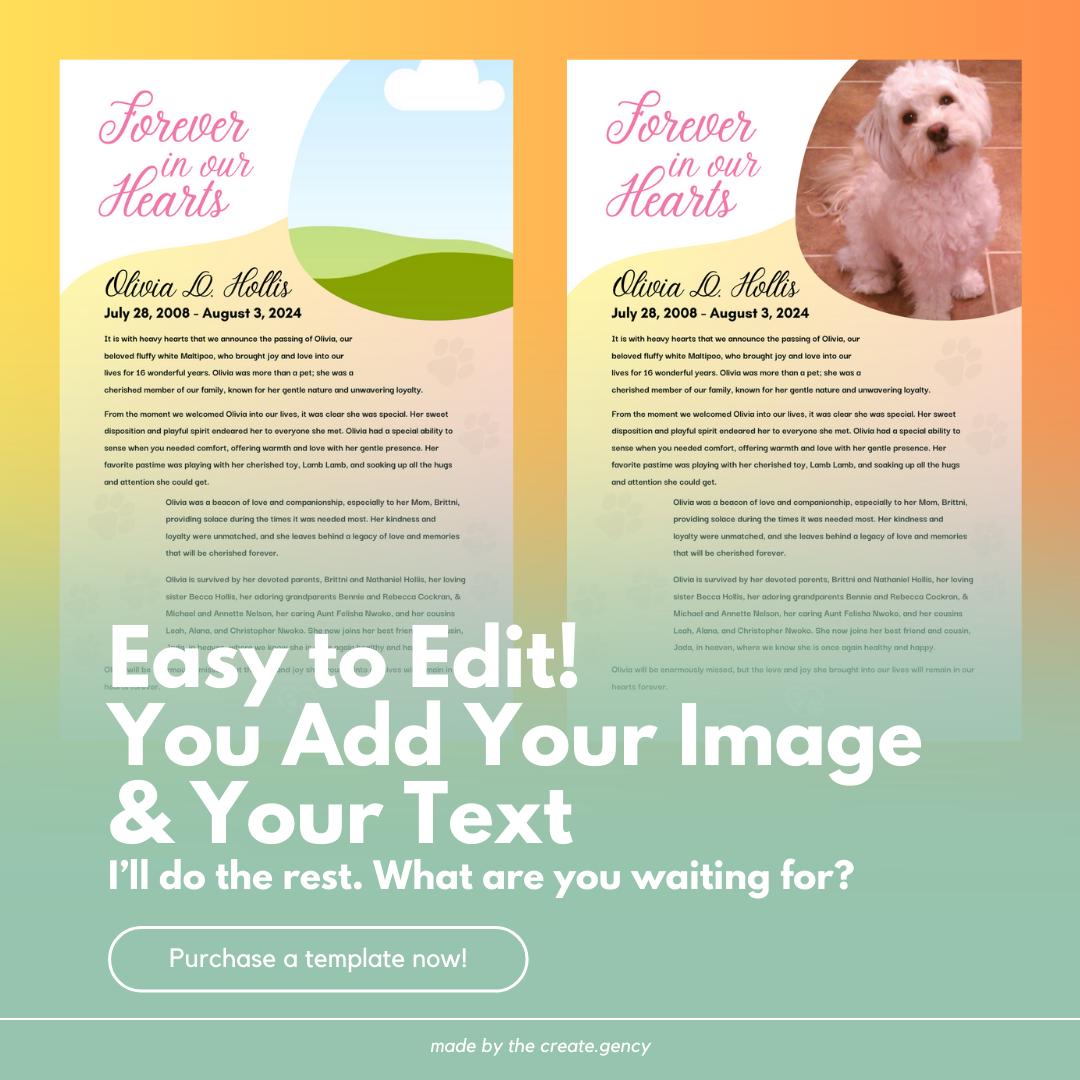 Pet Obituary | Pet Loss Sympathy | Dog Memorial Editable | Instant ...