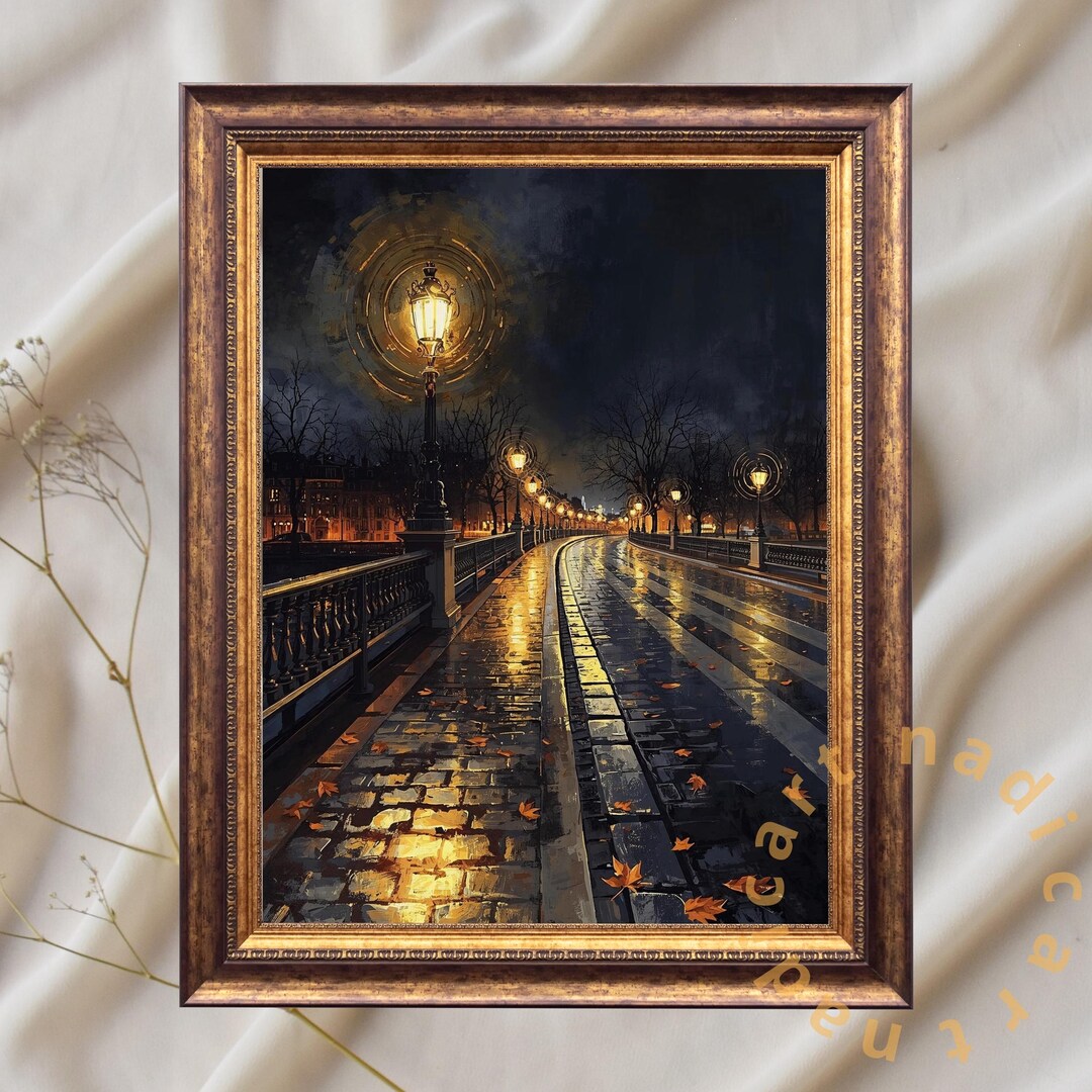 Cinematic Autumn Night Bridge Wall Art – Rainy Street Printable, Warm ...