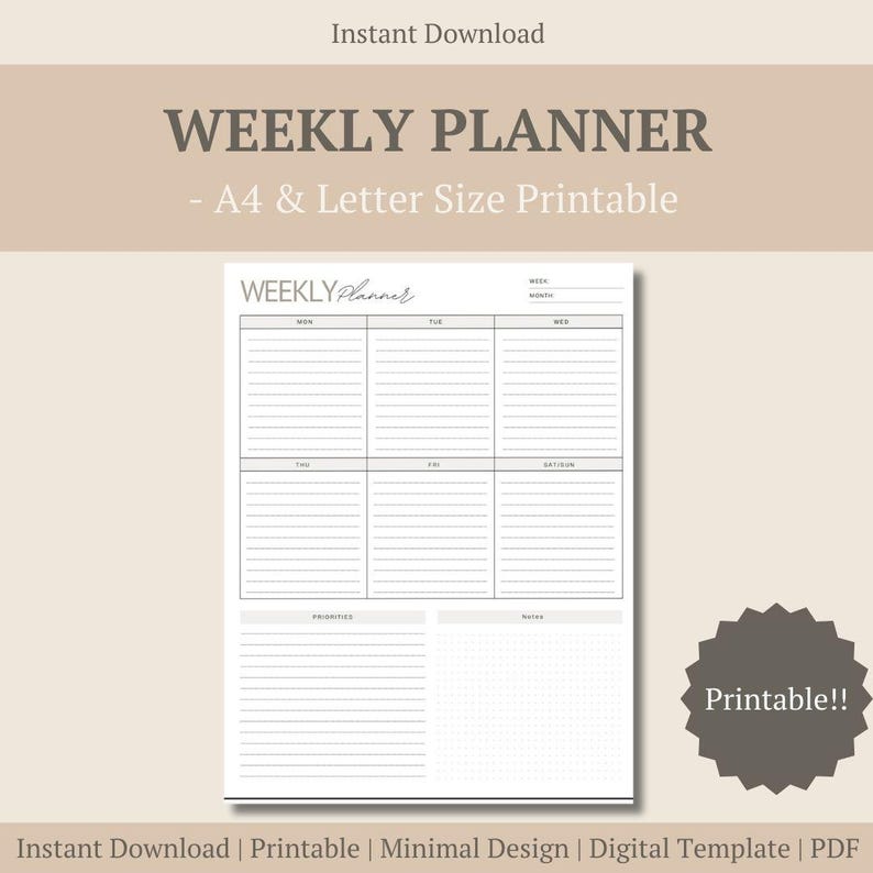Weekly Planner Printable Vertical, Minimalist Weekly Schedule, Week at ...