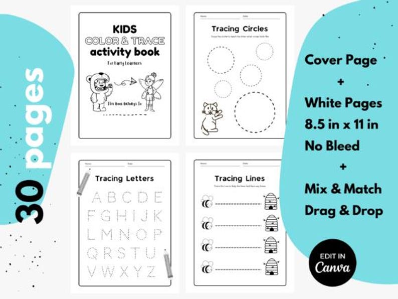 Kids Coloring and Tracing Activity Book Digital Downloads Editable ...