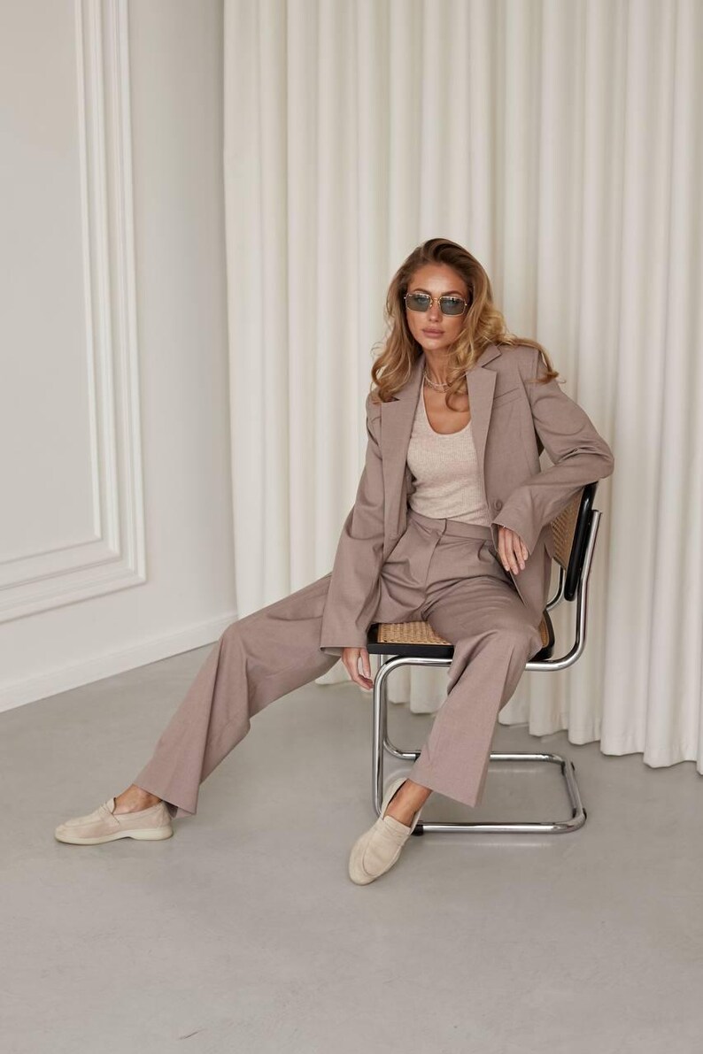 Women's Business Suit, Stylish Beige Jacket and Trousers, Classic ...
