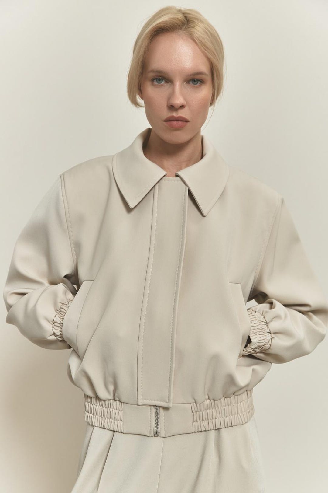 Cream Bomber Jacket for Women Elegant Minimalist Outerwear With Shirt ...