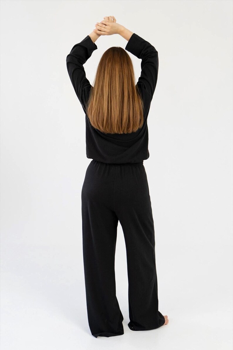 Conjunto de pijama de cânhamo: Calça palazzo preta feminina, algodão ...