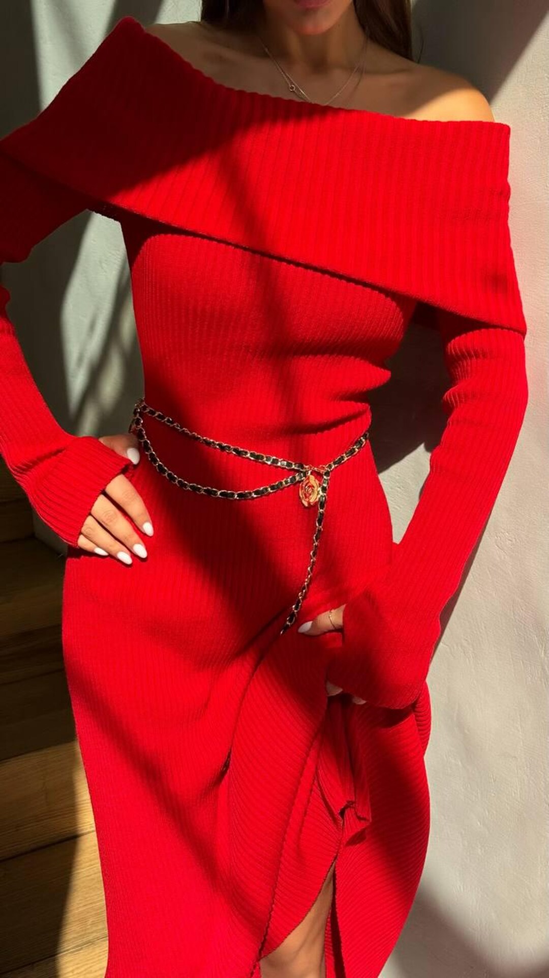 Elegant Red Off-shoulder Maxi Dress for Women. Ribbed Knit Evening Gown ...