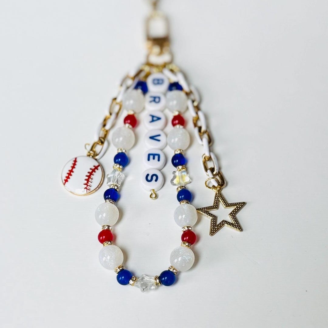 Braves Baseball Bag Charm – Red White Blue Beaded Keychain, Game Day ...
