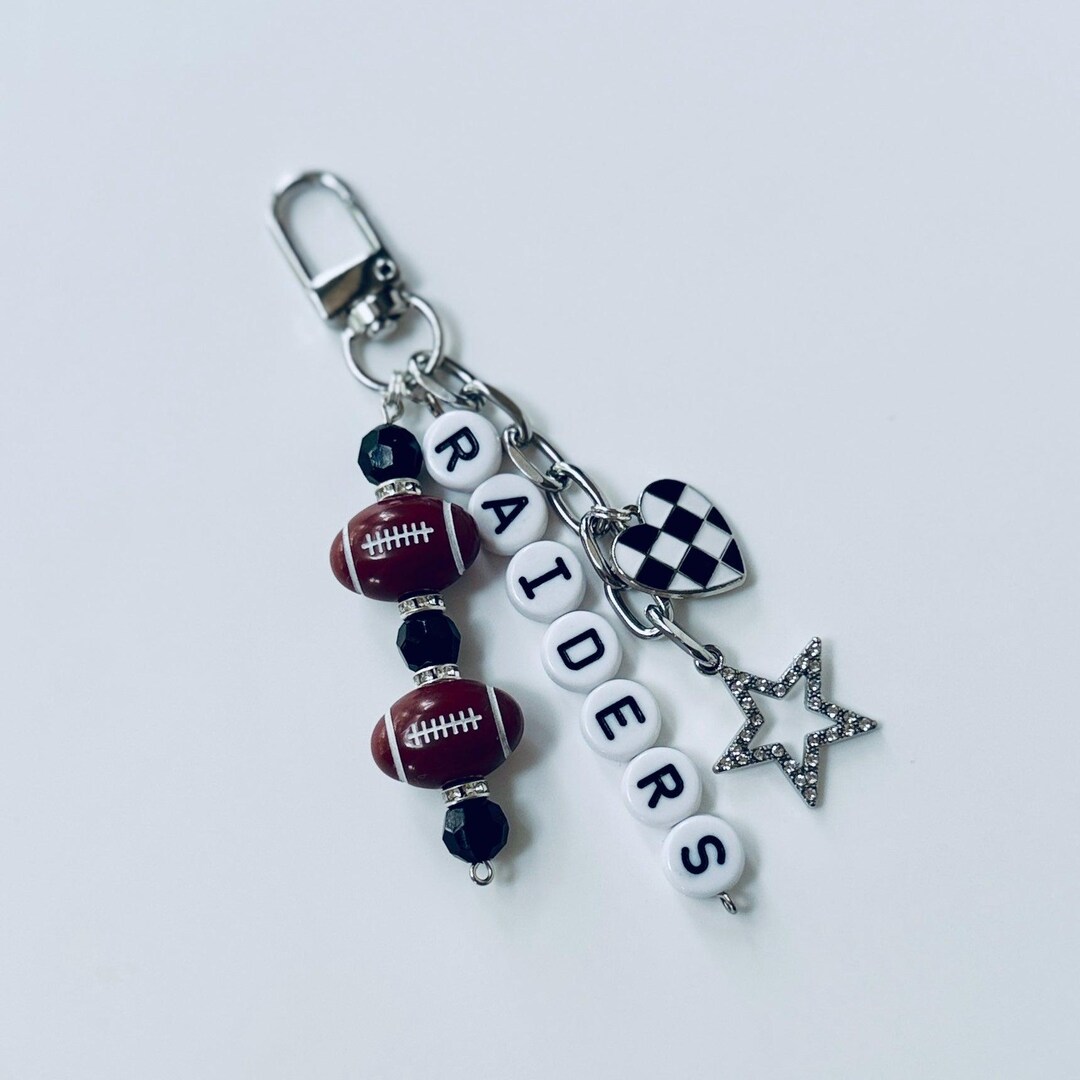 Raiders Football Beaded Keychain: Silver Bag Charm With Enamel Heart ...